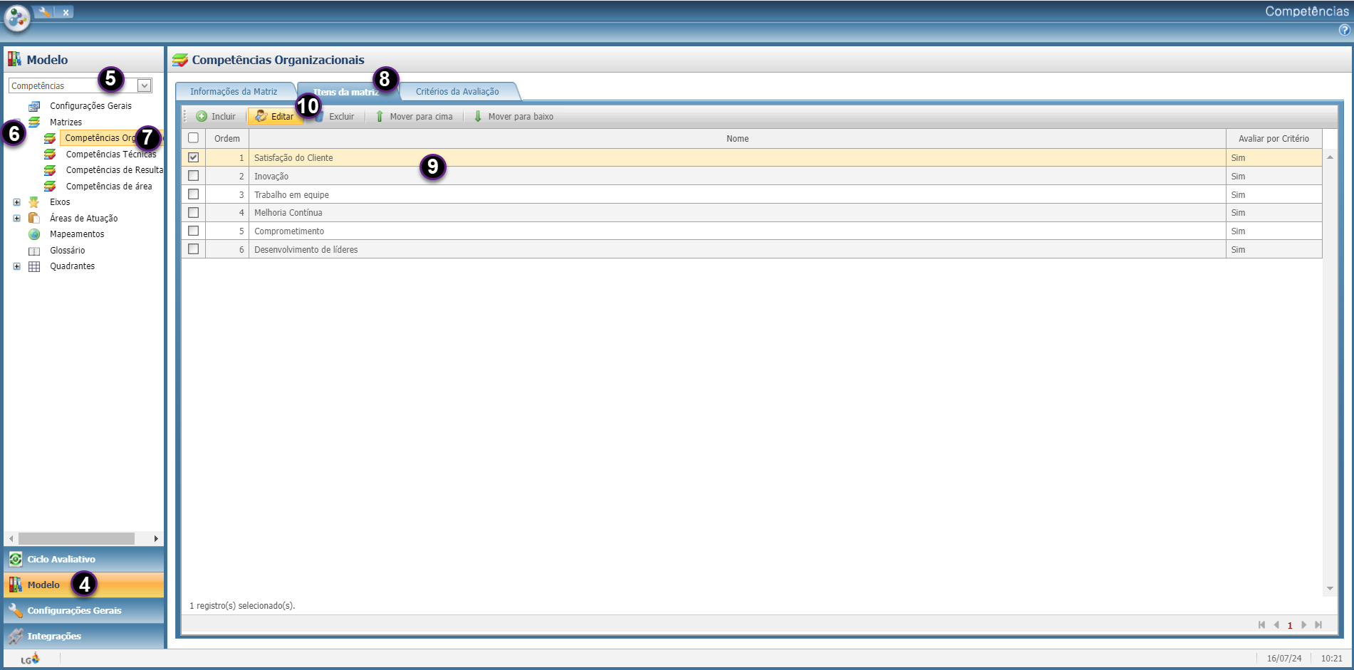 Como alterar o nome do item da matriz do modelo no módulo competências – Central do Cliente